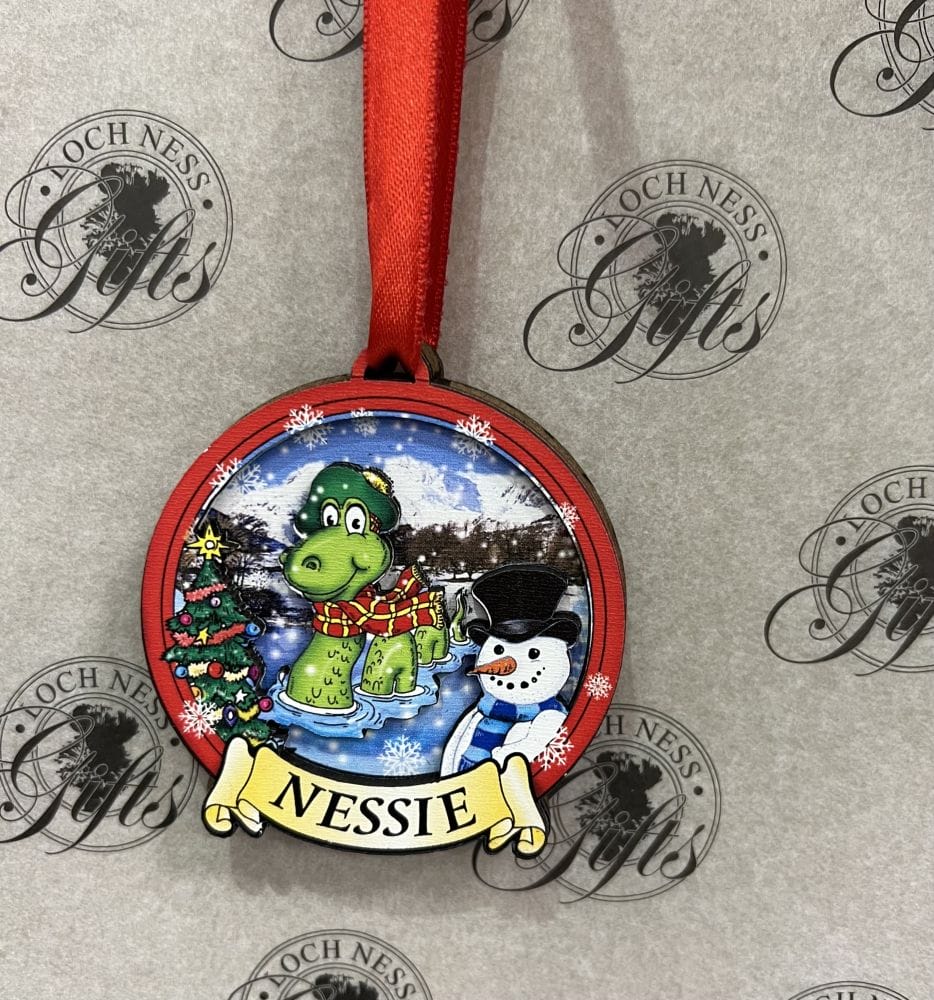 Christmas Decoration - Round Wooden Nessie and Snowman - Loch Ness Gifts