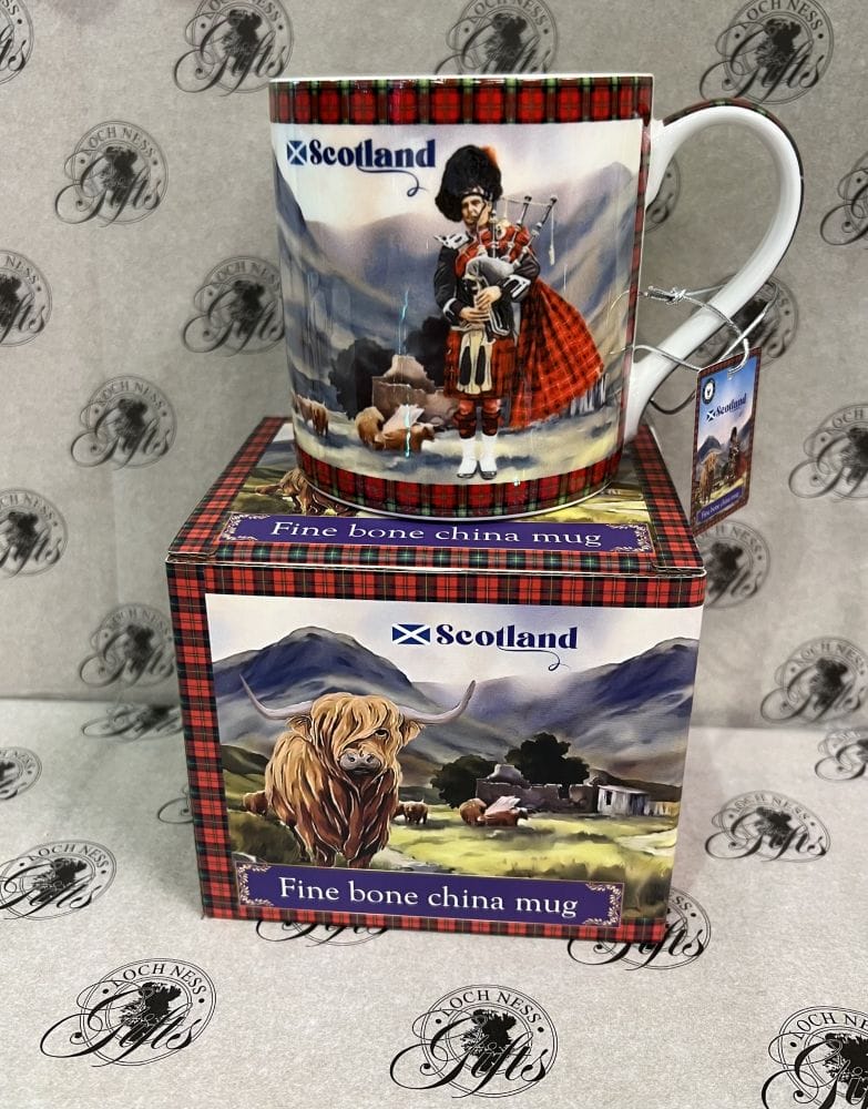 Mug - Fine Bone China Mug Scotland Highland Cow and Piper - Loch Ness Gifts