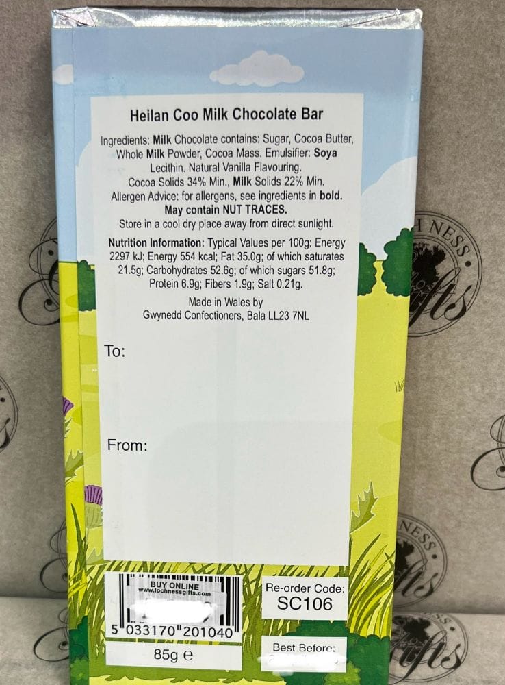 Chocolate Bar - Luxury Hand Made Milk Chocolate Heilan Coos Bar - Loch ...